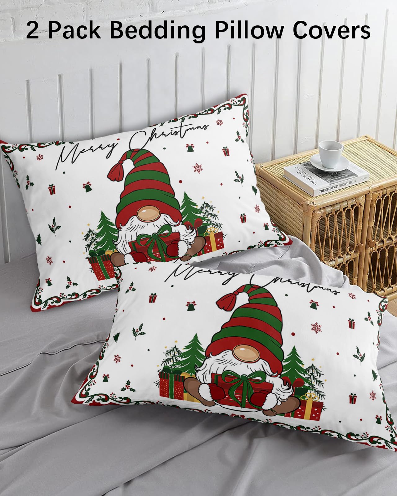 Edwiinsa Gnomes Red Pillow Covers Standard Size Set of 2 Bed Pillow, Plush Soft Comfort for Hair/Skin Cooling Pillowcases with Envelop Closure 20x26 Inches Christmas Green Tree Gift Snowflake White
