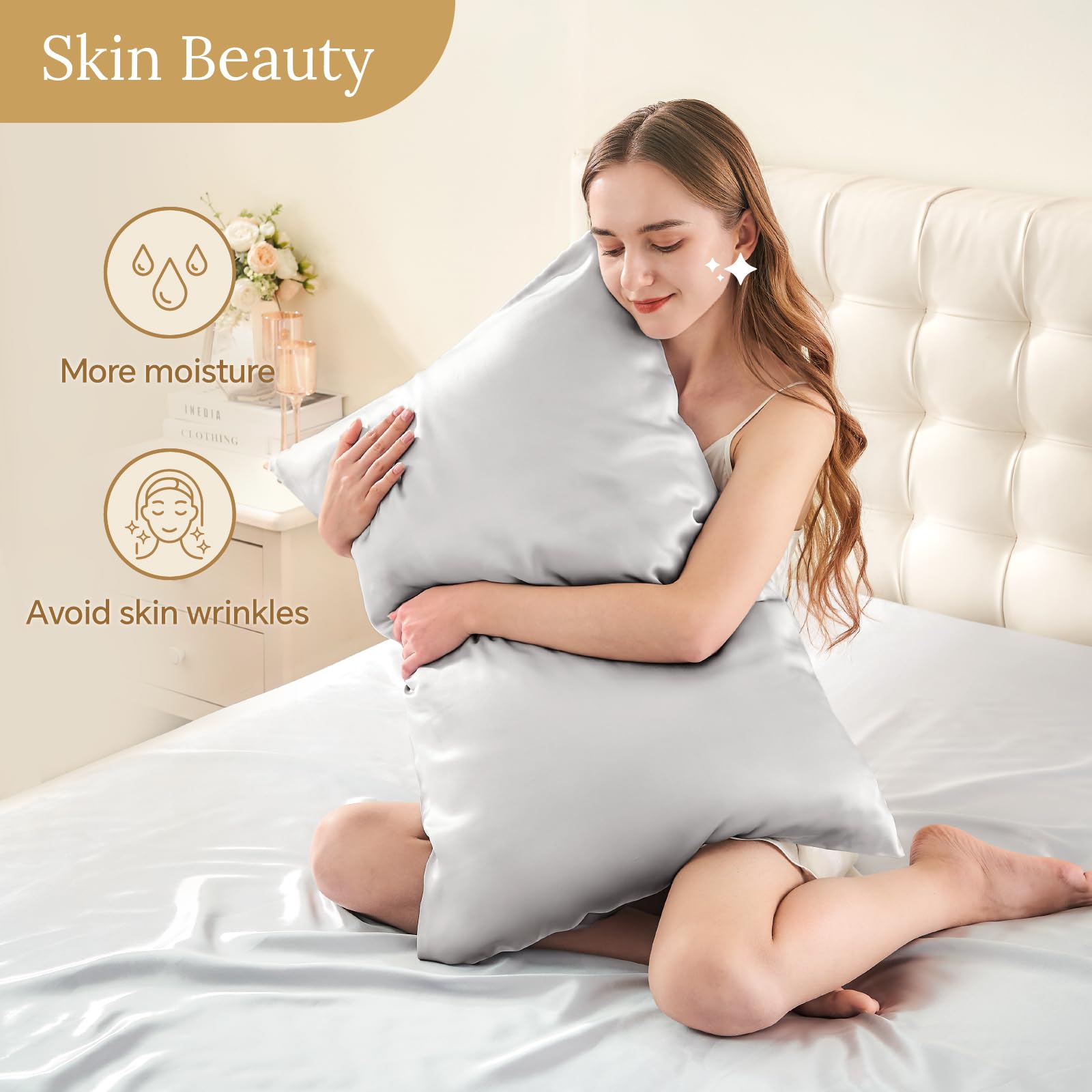 INFIIXSO Mulberry Silk Pillowcase for Hair and Skin, Silk Pillow Cases Standard Size Set of 2 with Hidden Zipper 20x26 Inches, Ultra Smooth Cooling Pillow Cases for Hot Sleepers(Light Grey,2 Pack)