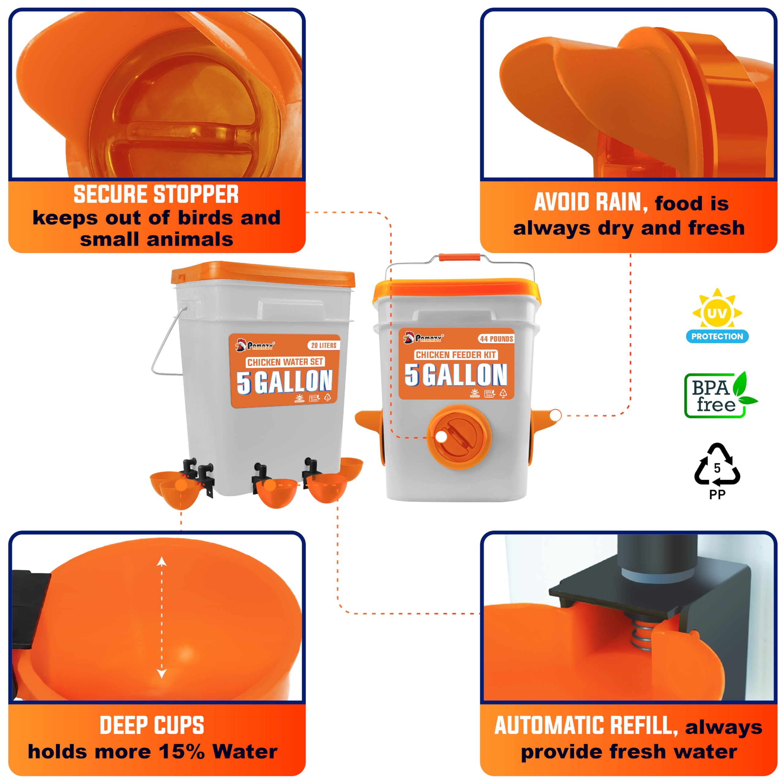 PAMAZY 5-Gallon/44 Pounds Automatic Chicken Feeder &Waterer Set2 Buckets),Chicken PortWater Cup NoWaste,Rain Proof Poultry Feeder,Avoid Small Animals. Suitable for Chicken,Duck,Turkey,Grey,OrangeCKF)