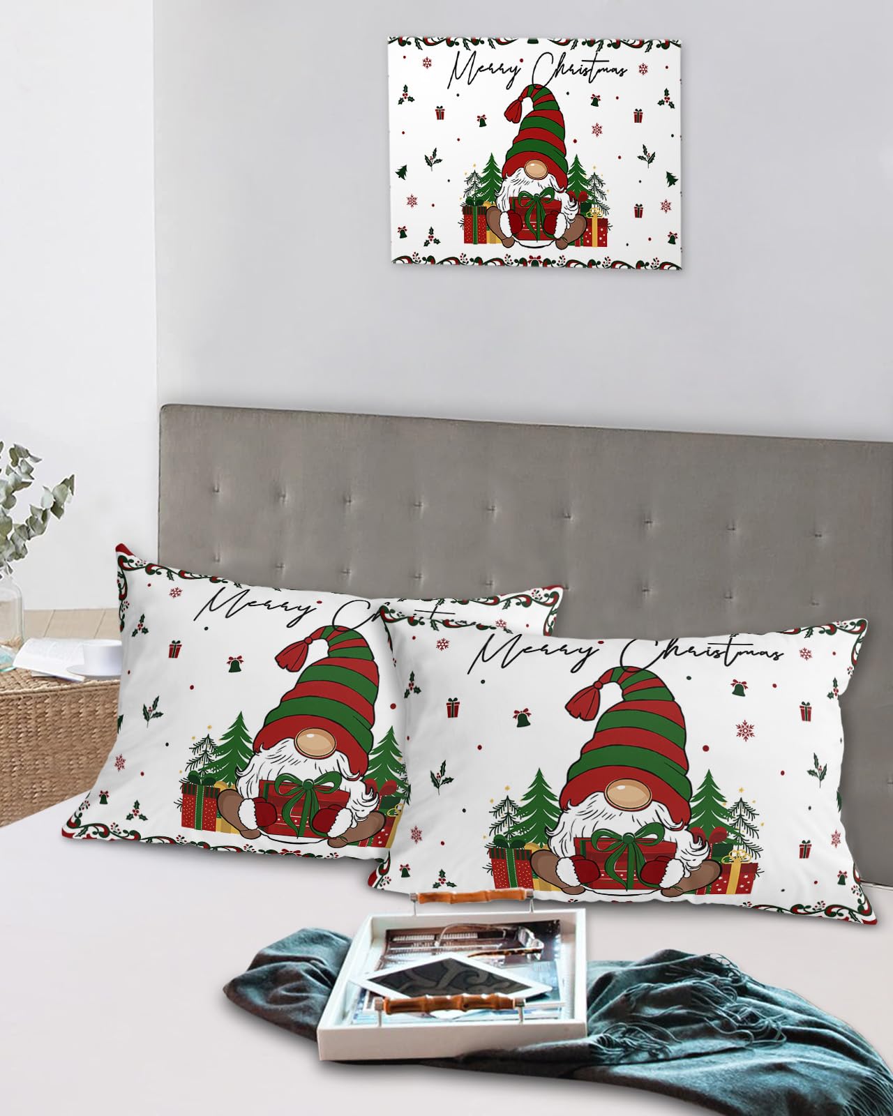 Edwiinsa Gnomes Red Pillow Covers Standard Size Set of 2 Bed Pillow, Plush Soft Comfort for Hair/Skin Cooling Pillowcases with Envelop Closure 20x26 Inches Christmas Green Tree Gift Snowflake White