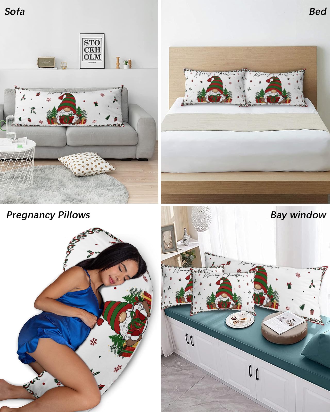 Edwiinsa Gnomes Red Pillow Covers Standard Size Set of 2 Bed Pillow, Plush Soft Comfort for Hair/Skin Cooling Pillowcases with Envelop Closure 20x26 Inches Christmas Green Tree Gift Snowflake White