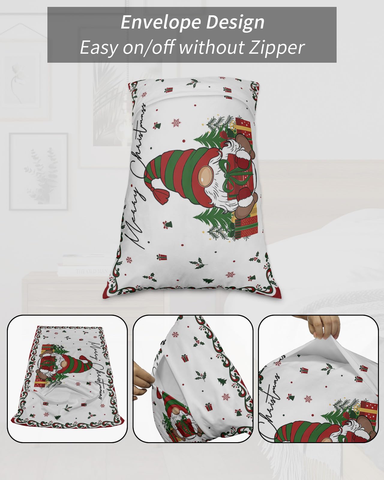 Edwiinsa Gnomes Red Pillow Covers Standard Size Set of 2 Bed Pillow, Plush Soft Comfort for Hair/Skin Cooling Pillowcases with Envelop Closure 20x26 Inches Christmas Green Tree Gift Snowflake White