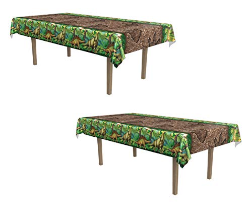 Beistle Plastic Rectangular Dinosaur Table Covers 2 Piece Birthday Tableware Party Supplies, Multicolored 54" x 108"