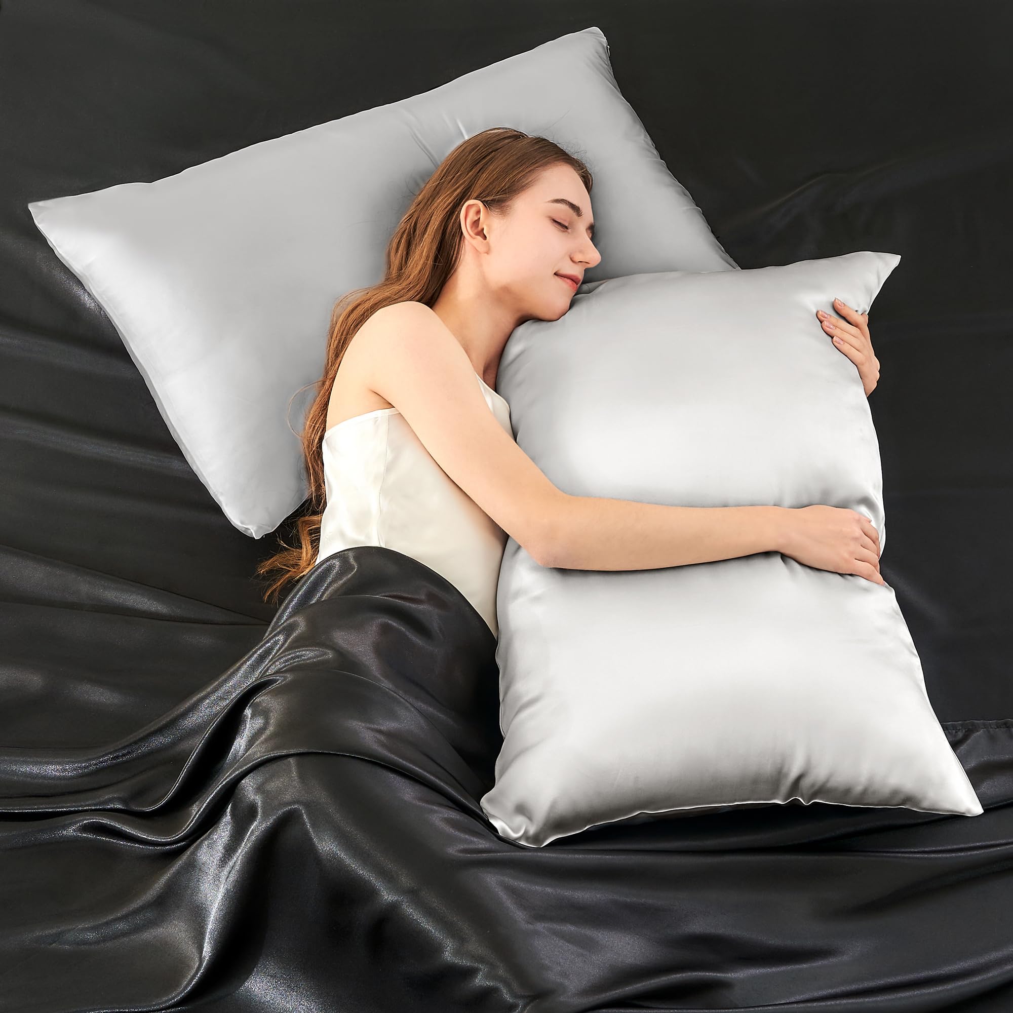 INFIIXSO Mulberry Silk Pillowcase for Hair and Skin, Silk Pillow Cases Standard Size Set of 2 with Hidden Zipper 20x26 Inches, Ultra Smooth Cooling Pillow Cases for Hot Sleepers(Light Grey,2 Pack)