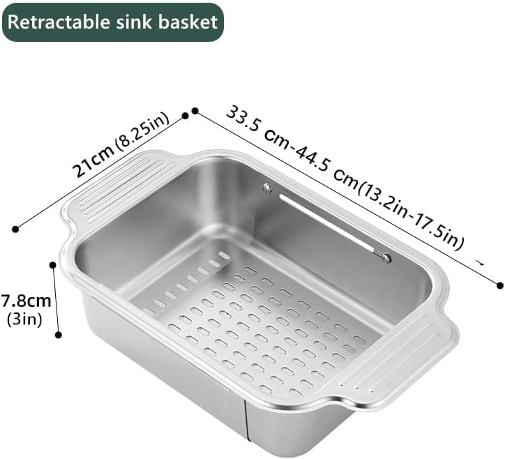 ZDRongZhen Kitchen Supply-Over The Sink Stainless Steel Retractable Kitchen Sink Basket -Wash Vegetables and Fruits, Drain Pasta and Dry Dishes,Extendable (Medium Silver)