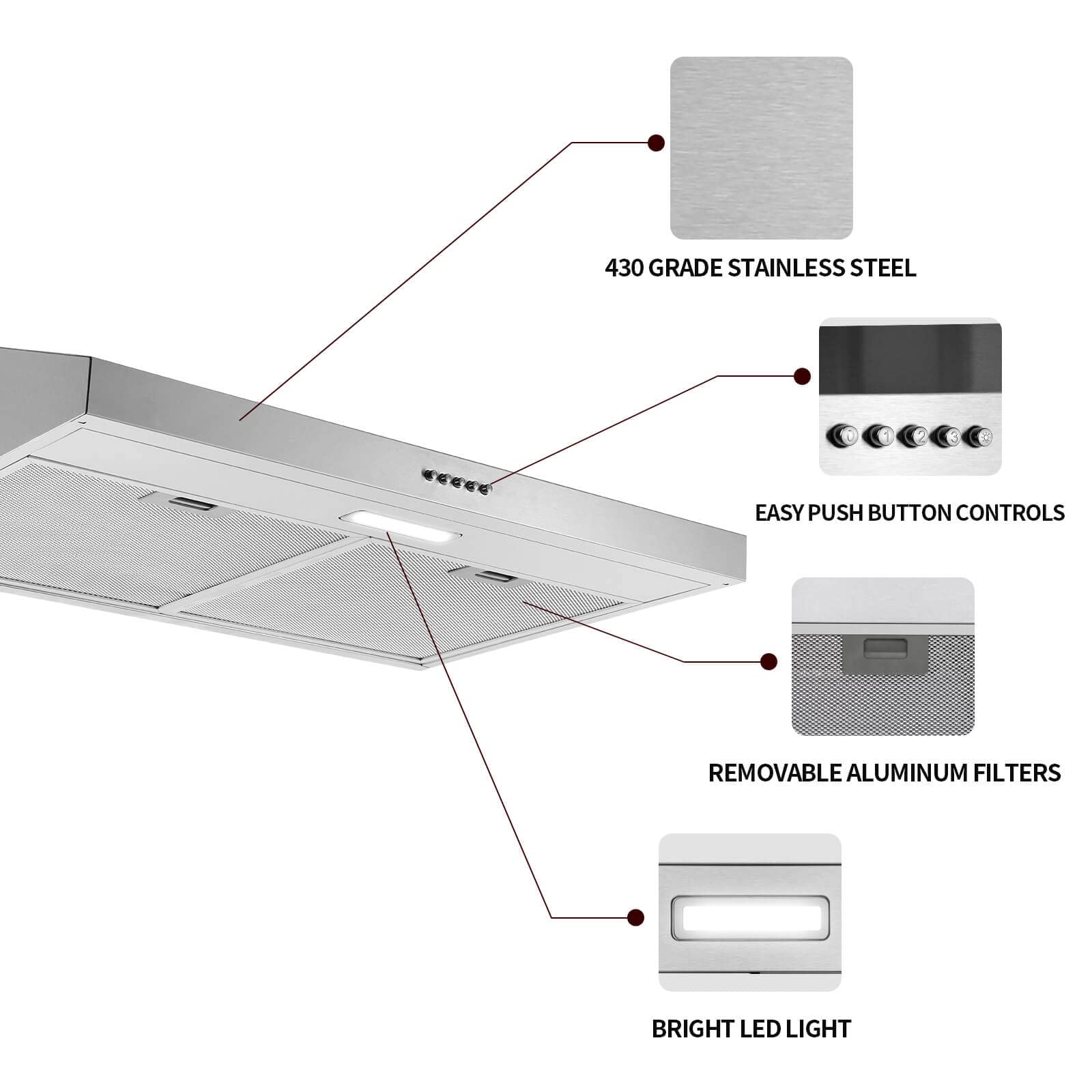 SNDOAS Under Cabinet Range Hood 30 inch,Kitchen Hood with LED Light,Push Button Controls,3 Speeds,Stainless Steel Range Hood,Ducted/Ductless Convertible Kitchen Over Stove Vent,Charcoal Filter