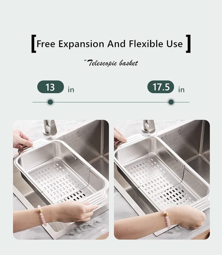 ZDRongZhen Kitchen Supply-Over The Sink Stainless Steel Retractable Kitchen Sink Basket -Wash Vegetables and Fruits, Drain Pasta and Dry Dishes,Extendable (Medium Silver)