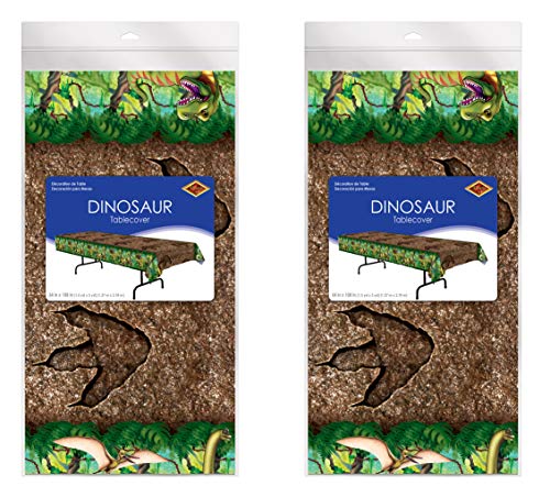 Beistle Plastic Rectangular Dinosaur Table Covers 2 Piece Birthday Tableware Party Supplies, Multicolored 54" x 108"
