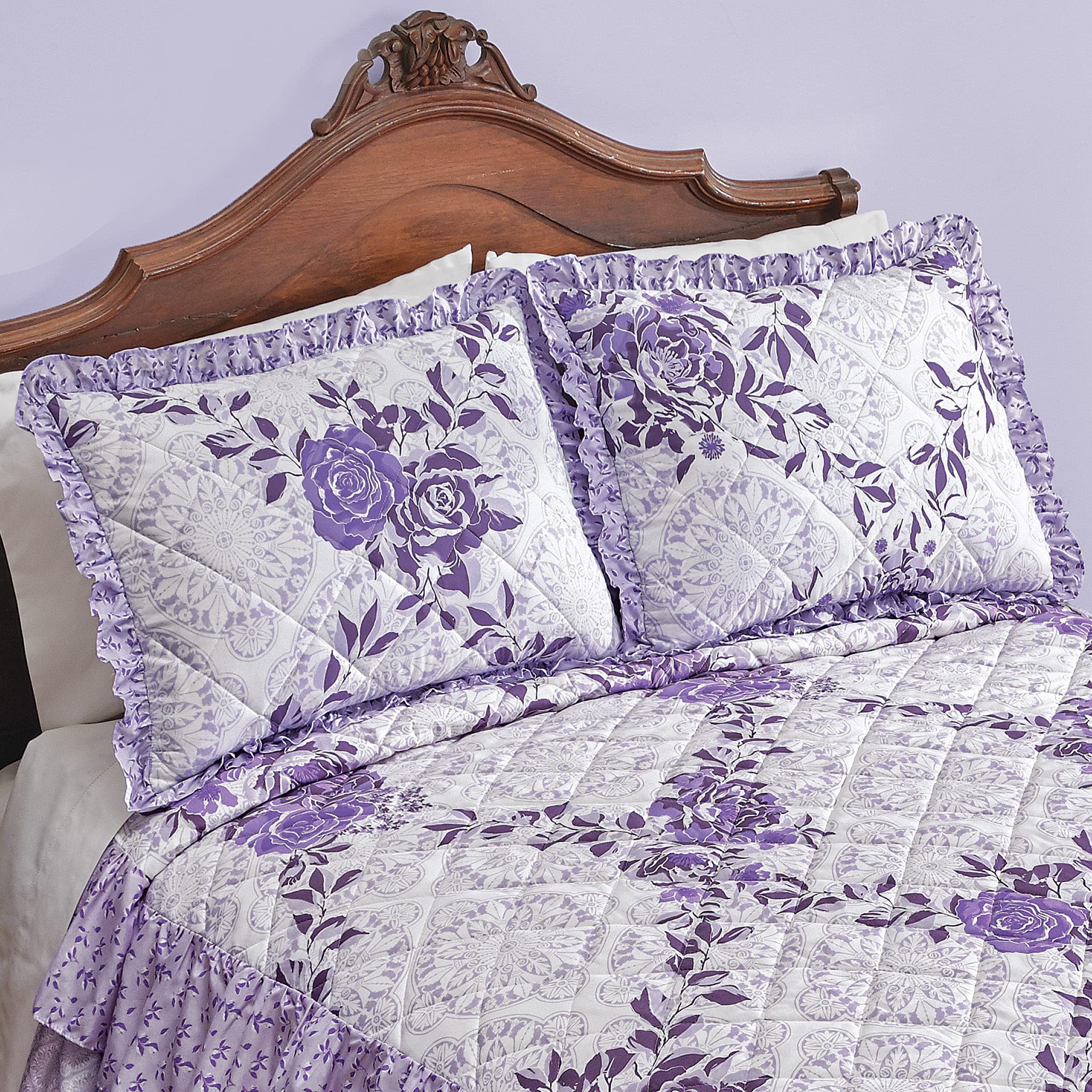 Collections Etc Lavender Floral Ruffle Pillow Sham Covers - Fits Standard Size Pillow, 26" x 20" - Machine Washable - Polyester