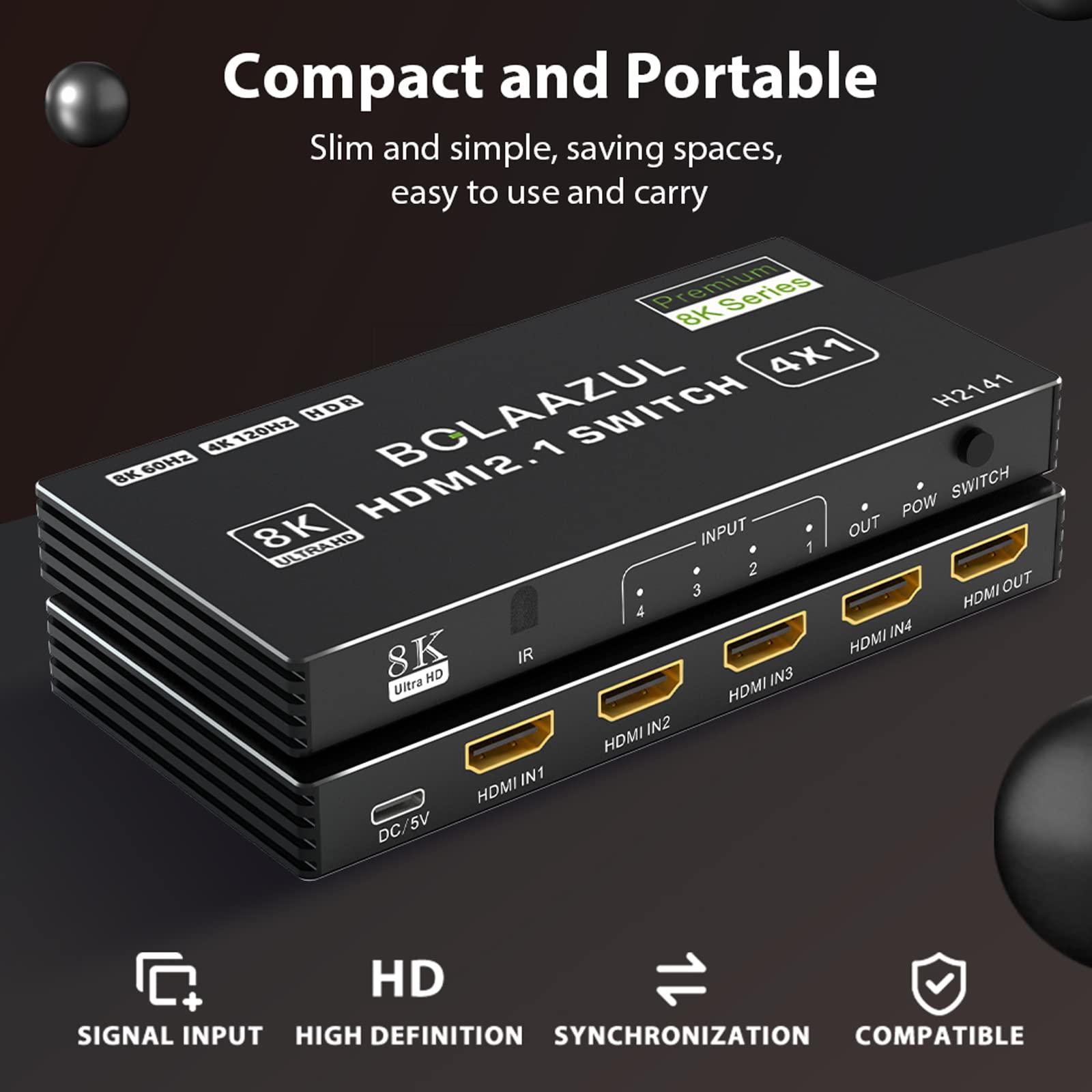 8K HDMI 2.1 Switch 120Hz 4K 4 in 1 Out, BolAAzuL 8K@60Hz HDMI 2.1 Splitter Switcher Selector Box 4-Port with Remote 4K 120Hz 2K 144Hz, HDMI 4x1 HDR, 48Gbps, CEC, Dolby Vision, for Xbox Series X PS5