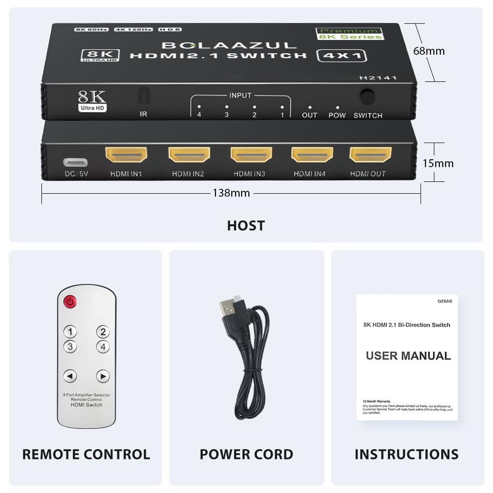 8K HDMI 2.1 Switch 120Hz 4K 4 in 1 Out, BolAAzuL 8K@60Hz HDMI 2.1 Splitter Switcher Selector Box 4-Port with Remote 4K 120Hz 2K 144Hz, HDMI 4x1 HDR, 48Gbps, CEC, Dolby Vision, for Xbox Series X PS5