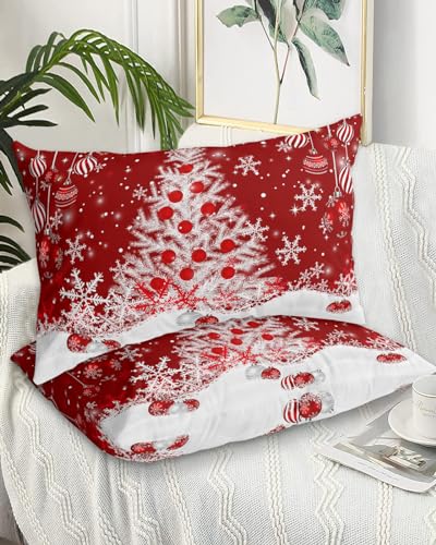 Edwiinsa Christmas Tree Pillow Covers Standard Size Set of 2 20x26 Bed Pillow, Plush Soft Comfort for Hair/Skin Cooling Pillowcases with Envelop Closure Throw Covers Red Xmas Balls Star Snowflake