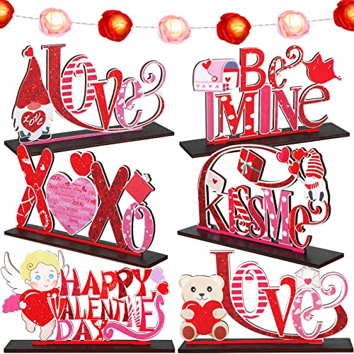 Jetec 7 Pieces Valentine's Day Table Decorations Set Wooden Heart Table Centerpiece Love Wood Sign with LED Rose Lamp String Light Valentine Decorations for Home Anniversary Wedding Party Decors