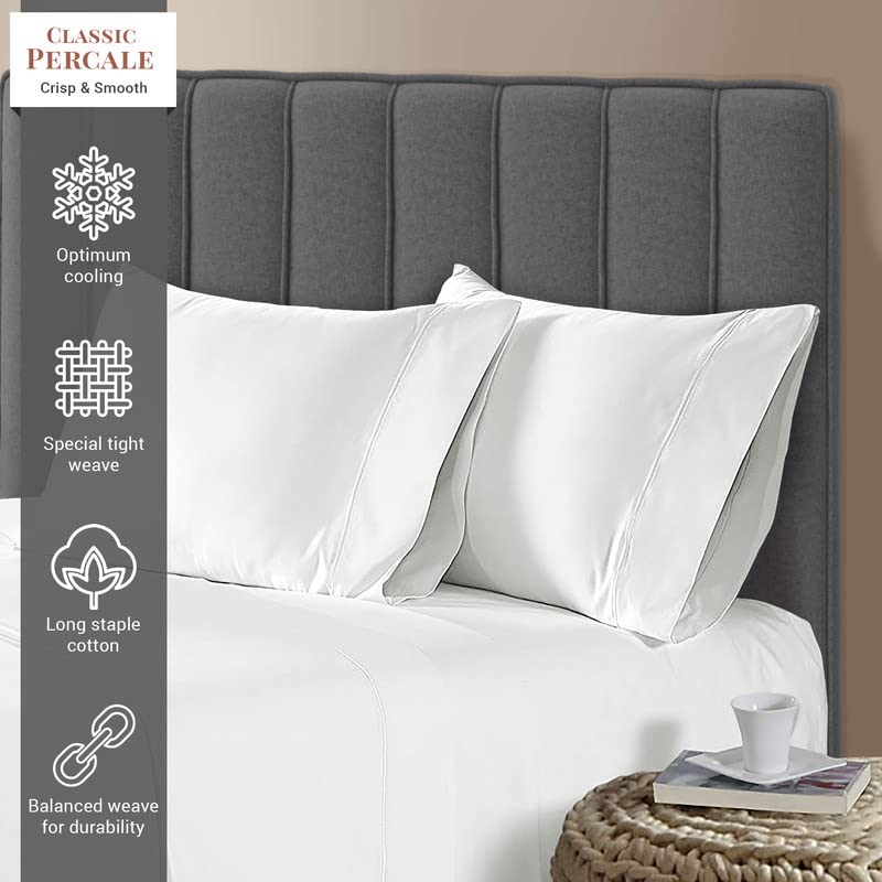 Pizuna Percale Cotton Pillow Cases Queen Size Set of 2 White, 100% Long Staple Cotton Crisp Percale Weave with Stylish 4 inch Hem (Combed White Cotton Pillow Cases Queen)