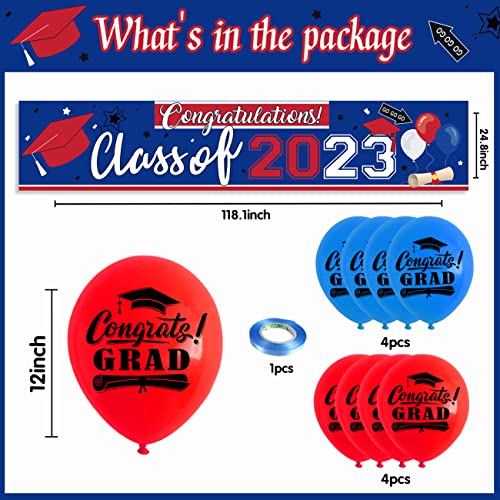 Class of 2023 Graduation Decorations Blue and Red Graduation Banner Large Congratulations Backdrop and 8pcs Congrats Grad Balloons College Graduation Party Graduation Decorations 2023