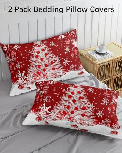 Edwiinsa Christmas Tree Pillow Covers Standard Size Set of 2 20x26 Bed Pillow, Plush Soft Comfort for Hair/Skin Cooling Pillowcases with Envelop Closure Throw Covers Red Xmas Balls Star Snowflake