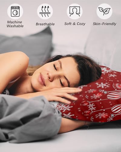 Edwiinsa Christmas Tree Pillow Covers Standard Size Set of 2 20x26 Bed Pillow, Plush Soft Comfort for Hair/Skin Cooling Pillowcases with Envelop Closure Throw Covers Red Xmas Balls Star Snowflake