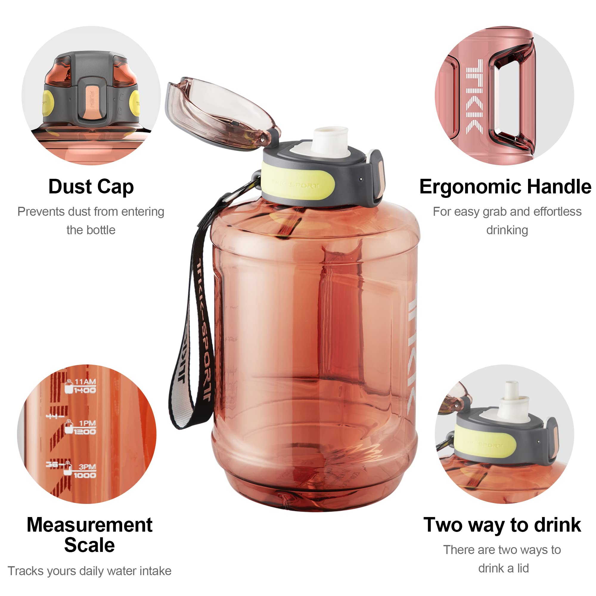 TKK Half Gallon Water Bottle Jug with Straw Time Marker Big Bottle Dishwasher Safe 1/2 Gallon 64 Oz Jug BPA Free Tritan for Gym Yoga Travel Camping Outdoor Orange Pink