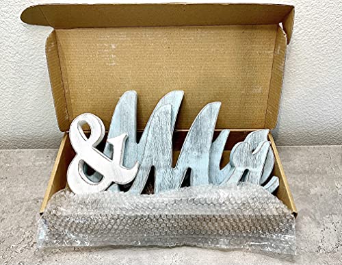 Mr & Mrs Wood Sign Wedding Decorations for Bride & Groom Reception Head Table. Wooden Letters for Married Couple's Centerpiece, Engagement & Bridal Shower Party Or Wedding Cake Table. (Rustic Blue)