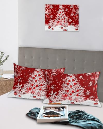 Edwiinsa Christmas Tree Pillow Covers Standard Size Set of 2 20x26 Bed Pillow, Plush Soft Comfort for Hair/Skin Cooling Pillowcases with Envelop Closure Throw Covers Red Xmas Balls Star Snowflake