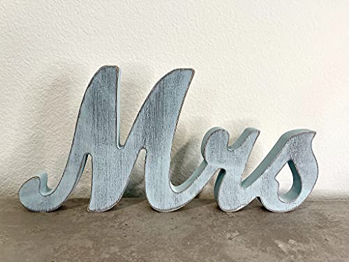 Mr & Mrs Wood Sign Wedding Decorations for Bride & Groom Reception Head Table. Wooden Letters for Married Couple's Centerpiece, Engagement & Bridal Shower Party Or Wedding Cake Table. (Rustic Blue)
