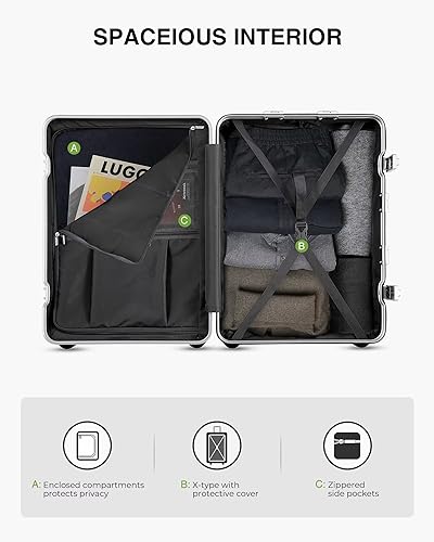 LUGGEX Hard Shell Carry On Luggage with Aluminum Frame - 100% PC No Zipper Suitcase - 4 Metal Corner Hassle-Free Travel (White Suitcase)