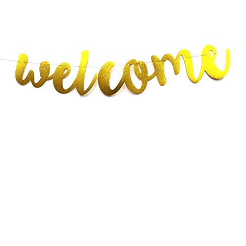 Welcome Gold Glitter Vintage Party Banner Wedding Birthday Bunting House Home Classroom Decorations Garland Photo Props Back to School Party Supplies (Gold)