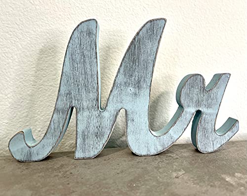 Mr & Mrs Wood Sign Wedding Decorations for Bride & Groom Reception Head Table. Wooden Letters for Married Couple's Centerpiece, Engagement & Bridal Shower Party Or Wedding Cake Table. (Rustic Blue)
