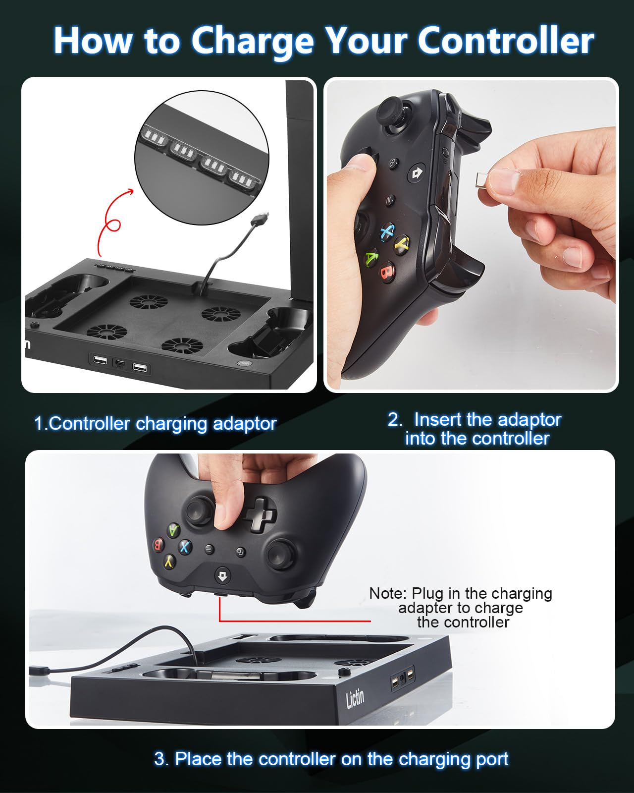 Lictin Cooling Fan Charging Station for Xbox Series X Console & Controller, Upgraded 4 Cooler Fan System Stand, Vertical Dual Charger Station Dock Accessories with 2 x 1400mAh Rechargeable Battery