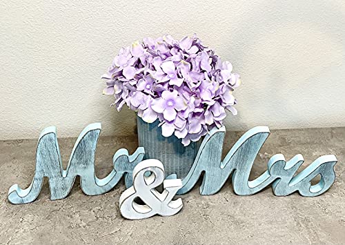 Mr & Mrs Wood Sign Wedding Decorations for Bride & Groom Reception Head Table. Wooden Letters for Married Couple's Centerpiece, Engagement & Bridal Shower Party Or Wedding Cake Table. (Rustic Blue)