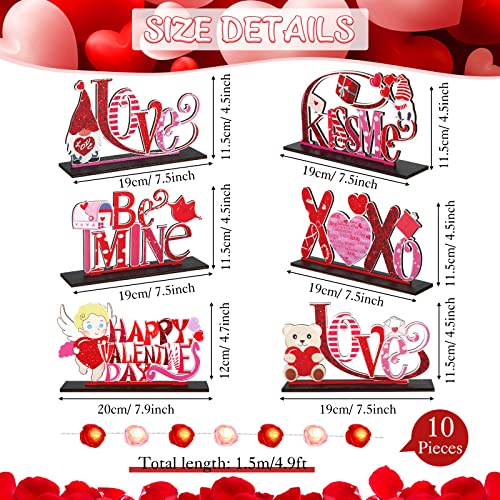 Jetec 7 Pieces Valentine's Day Table Decorations Set Wooden Heart Table Centerpiece Love Wood Sign with LED Rose Lamp String Light Valentine Decorations for Home Anniversary Wedding Party Decors