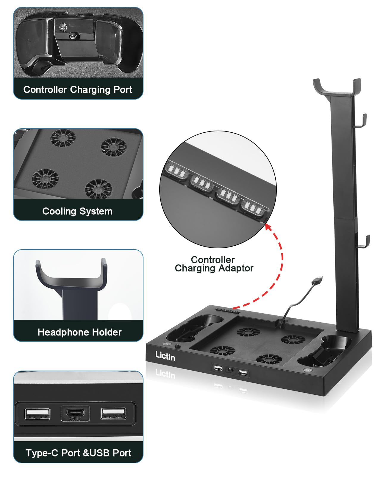 Lictin Cooling Fan Charging Station for Xbox Series X Console & Controller, Upgraded 4 Cooler Fan System Stand, Vertical Dual Charger Station Dock Accessories with 2 x 1400mAh Rechargeable Battery