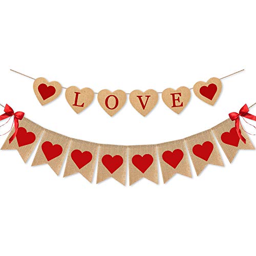 SWYOUN Burlap Love Banner with Heart for Valentines Day Wedding Party Anniversary Day Decorations Supplies