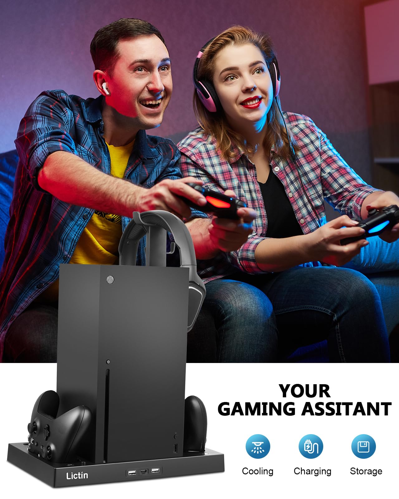 Lictin Cooling Fan Charging Station for Xbox Series X Console & Controller, Upgraded 4 Cooler Fan System Stand, Vertical Dual Charger Station Dock Accessories with 2 x 1400mAh Rechargeable Battery