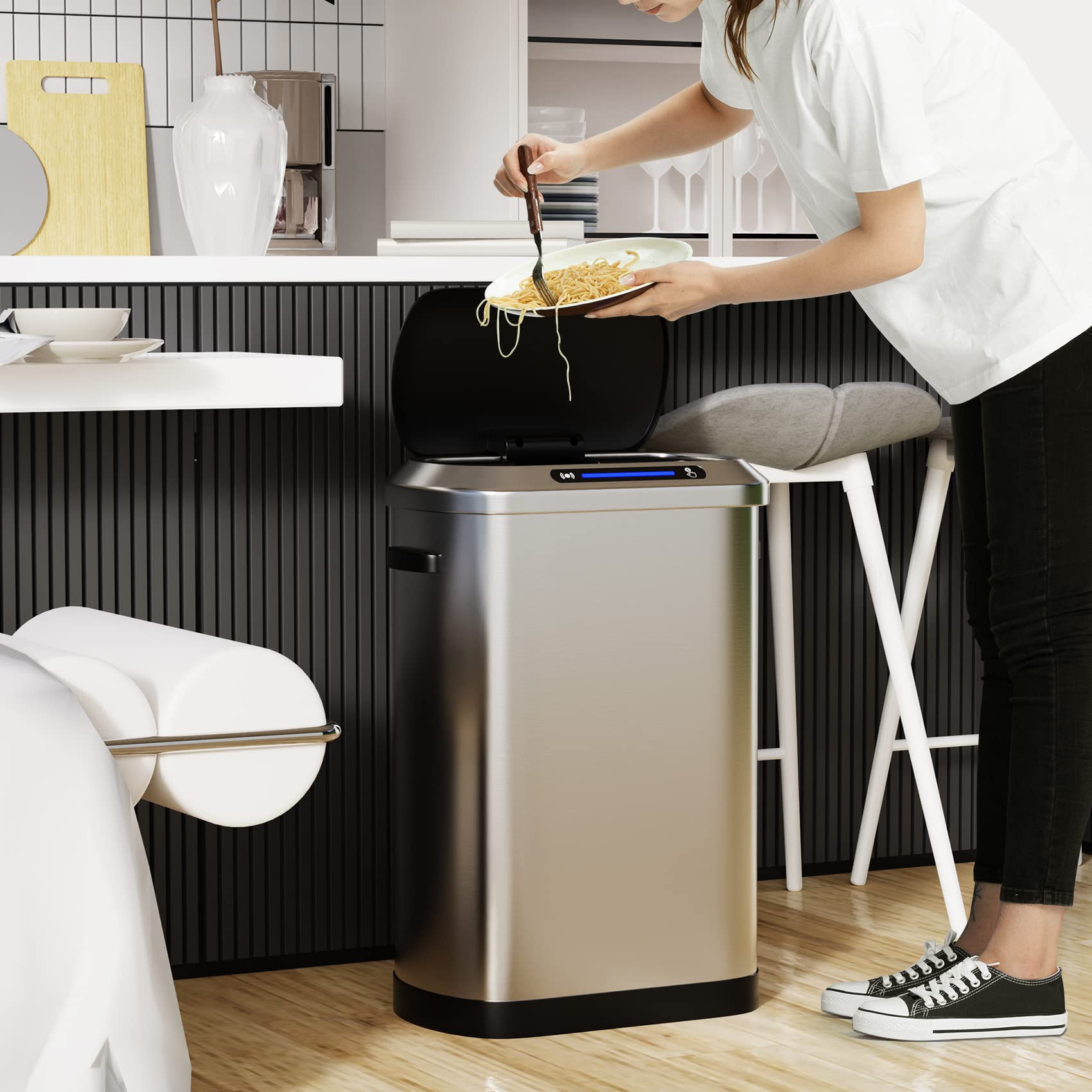 pouseayar 13Gallon 50L Stainless Steel Smart Trash Can with Motion Sensor Super Quiet Lid and 30 Garbage Bags, Perfect for Kitchen, Home, Office - Silver