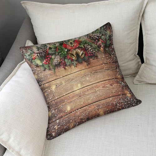 Christmas Bells Fir Tree Throw Pillow Covers 18×18 Pillowcases Set of 2 Dark Wooden Board Linen Decorative Square Pillow Case Cushion Covers Standard Size for Sofa Couch Outdoor Bed Pillow Protectors