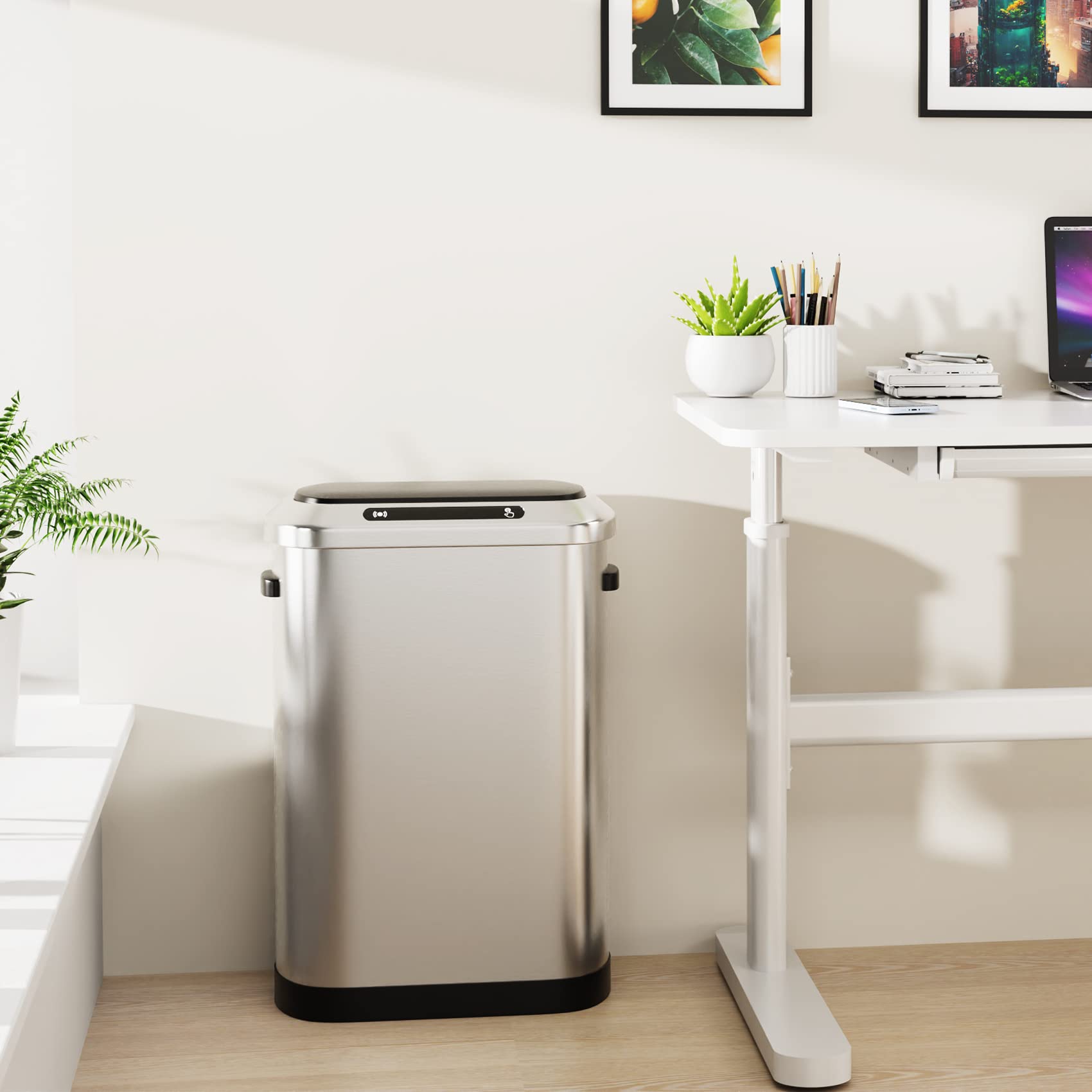 pouseayar 13Gallon 50L Stainless Steel Smart Trash Can with Motion Sensor Super Quiet Lid and 30 Garbage Bags, Perfect for Kitchen, Home, Office - Silver