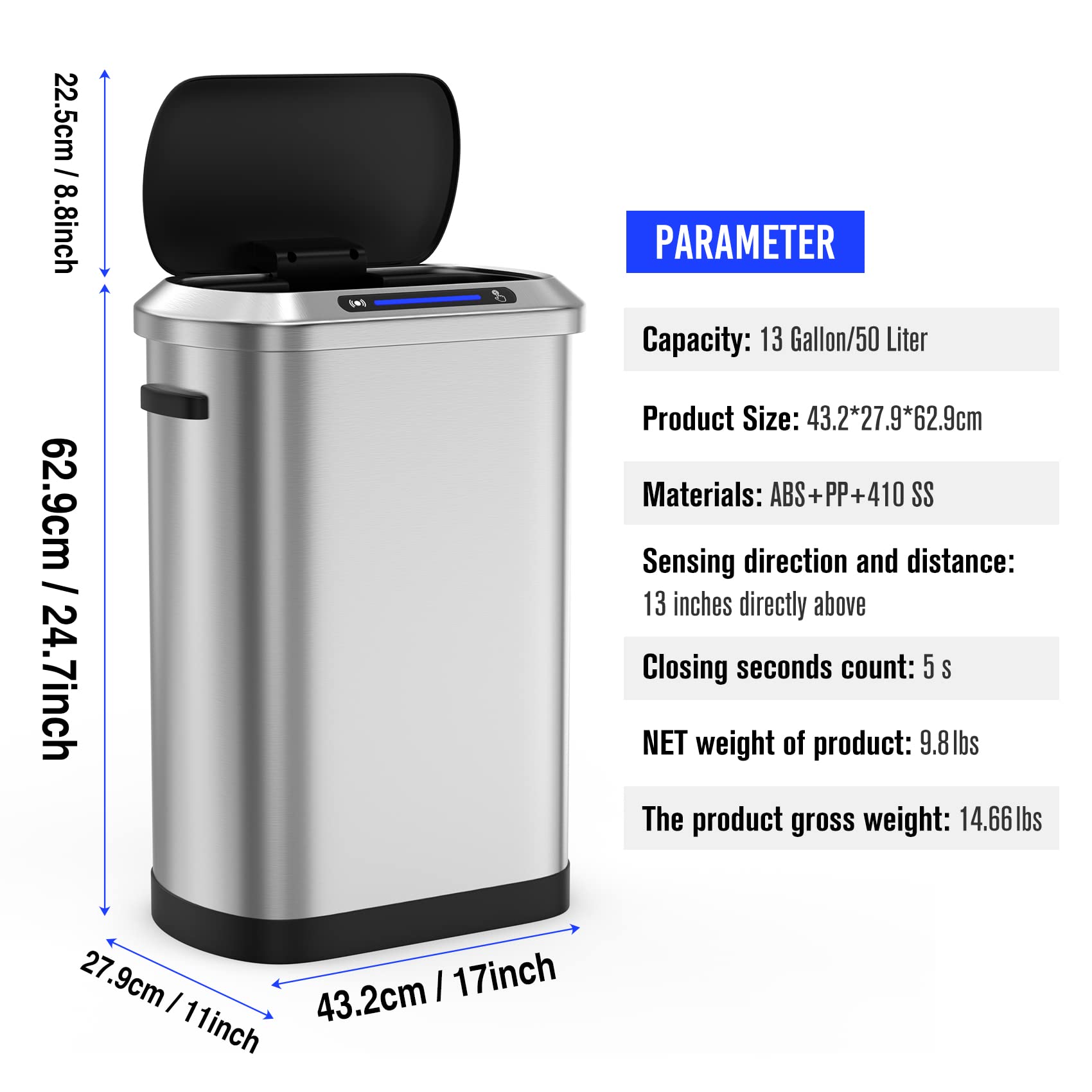 pouseayar 13Gallon 50L Stainless Steel Smart Trash Can with Motion Sensor Super Quiet Lid and 30 Garbage Bags, Perfect for Kitchen, Home, Office - Silver