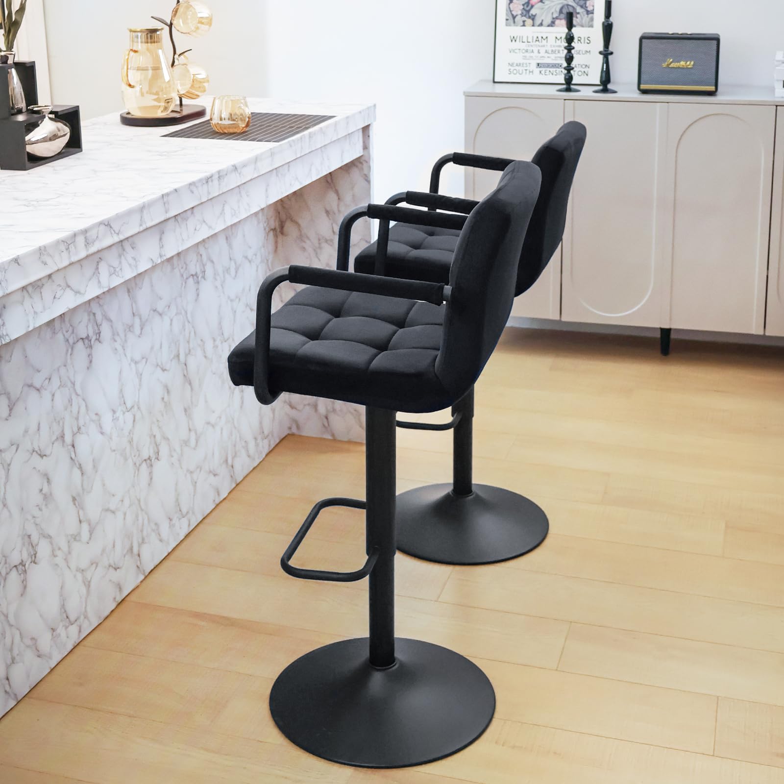Furnimart Adjustable Bar Stool Swivel Barstools Set of 2 Counter Stools with Armrest and Footrest Upholstered Bar Chairs for Kitchen and Dining Room (Velvet-Black)