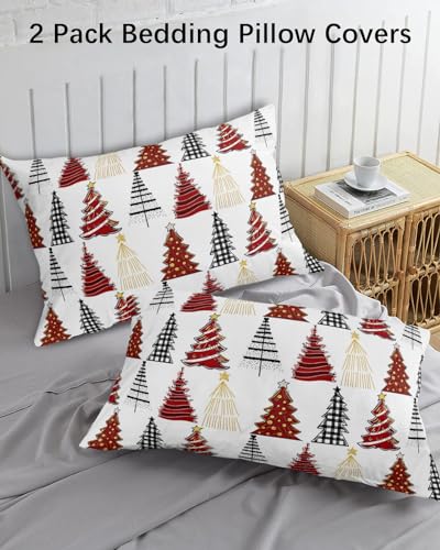 Multi Christmas Tree Pillow Covers Standard Size Set of 2 20x26 Bed Pillow, Plush Soft Comfort for Hair/ Skin Cooling Pillowcases with Envelop Closure Throw Covers Geometric Red Black Plaid Dot