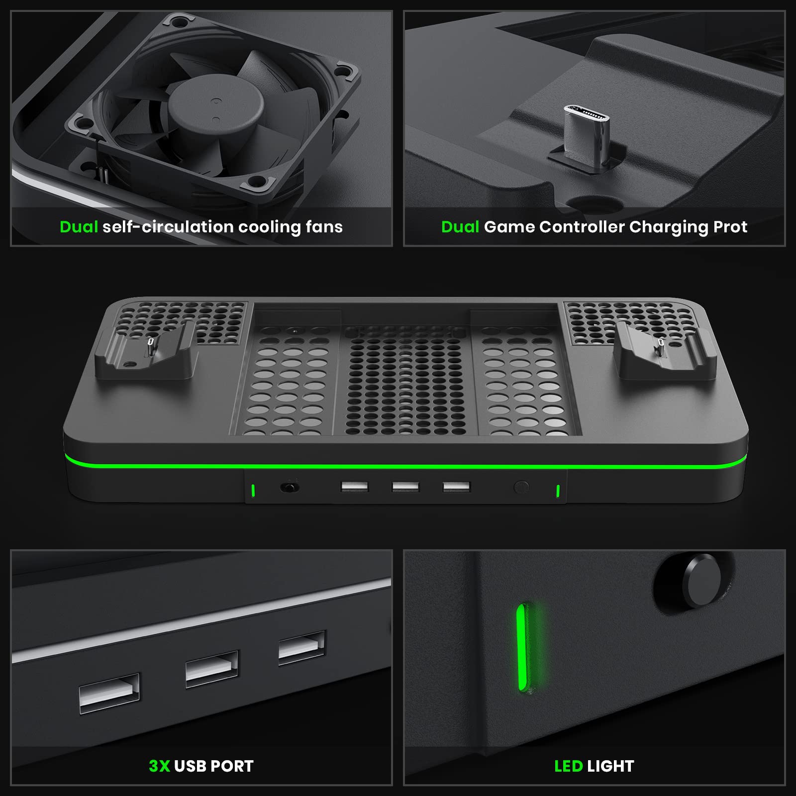 Charging Stand with Cooling Fan, CODOGOY Vertical Stand Compatible with Xbox Series X/S Console&Controller, Dual Controller Charger Station Dock with 3 USB Ports,2*1100 mAh Rechargeable Battery Packs