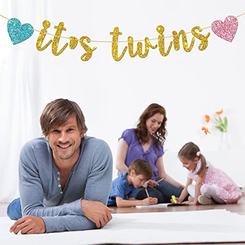 It's Twins Banner - Gold Glitter Baby Shower Bunting Gender Reveal Party for Babies Twin Decorations Supplies