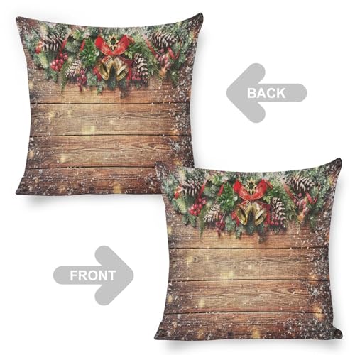Christmas Bells Fir Tree Throw Pillow Covers 18×18 Pillowcases Set of 2 Dark Wooden Board Linen Decorative Square Pillow Case Cushion Covers Standard Size for Sofa Couch Outdoor Bed Pillow Protectors