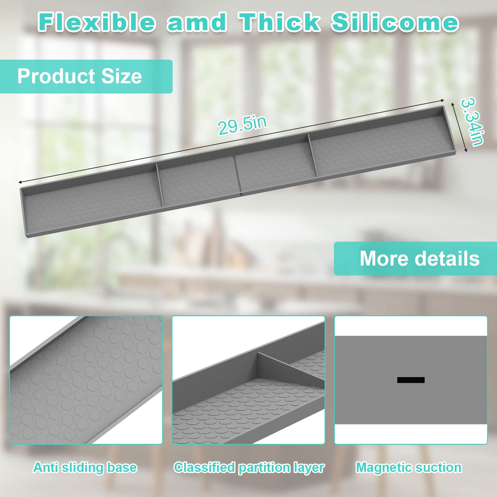 xingruyu 30 Inch Silicone Magnetic Stove Top Shelf, Magnetic Spice Rack Over the Stove, Condiment Storage Shelf, Heat Insulated Kitchen Gadgets, Zero Installation, Not Easy to Slide (Gray)