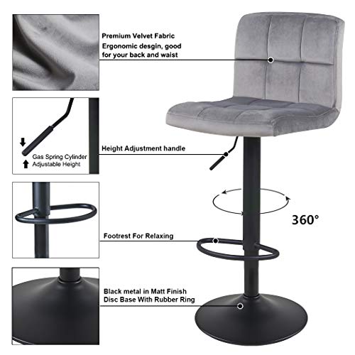 DUHOME Set of 2 Adjustable Swivel Velvet Bar Stool Chairs Counter Stools, Breakfast Chairs Grey