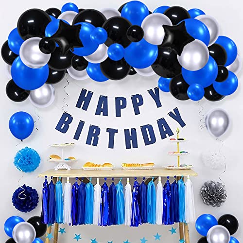 Royal Blue Black Balloon Garland Kit, 121PCS Blue Black Metallic Silver Balloons Video Gaming Birthday Party for Boy Men 18th 21th 30th 40th Birthday Retirement Graduations Party Decorations