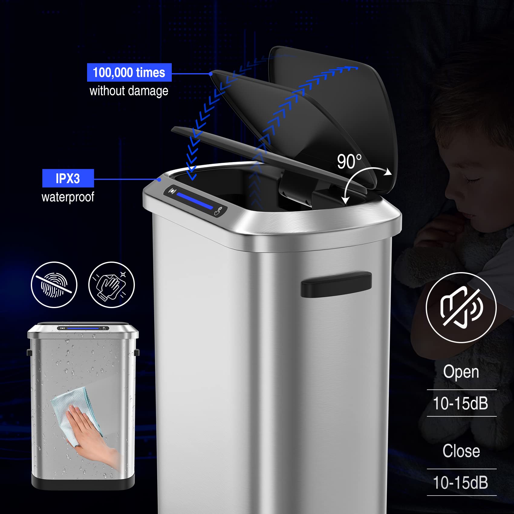 pouseayar 13Gallon 50L Stainless Steel Smart Trash Can with Motion Sensor Super Quiet Lid and 30 Garbage Bags, Perfect for Kitchen, Home, Office - Silver