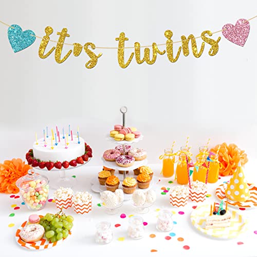 It's Twins Banner - Gold Glitter Baby Shower Bunting Gender Reveal Party for Babies Twin Decorations Supplies