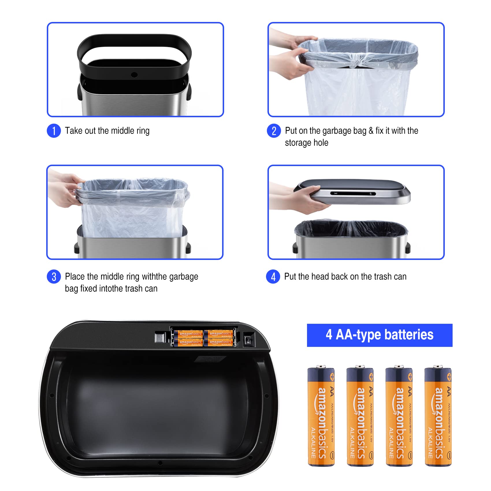 pouseayar 13Gallon 50L Stainless Steel Smart Trash Can with Motion Sensor Super Quiet Lid and 30 Garbage Bags, Perfect for Kitchen, Home, Office - Silver