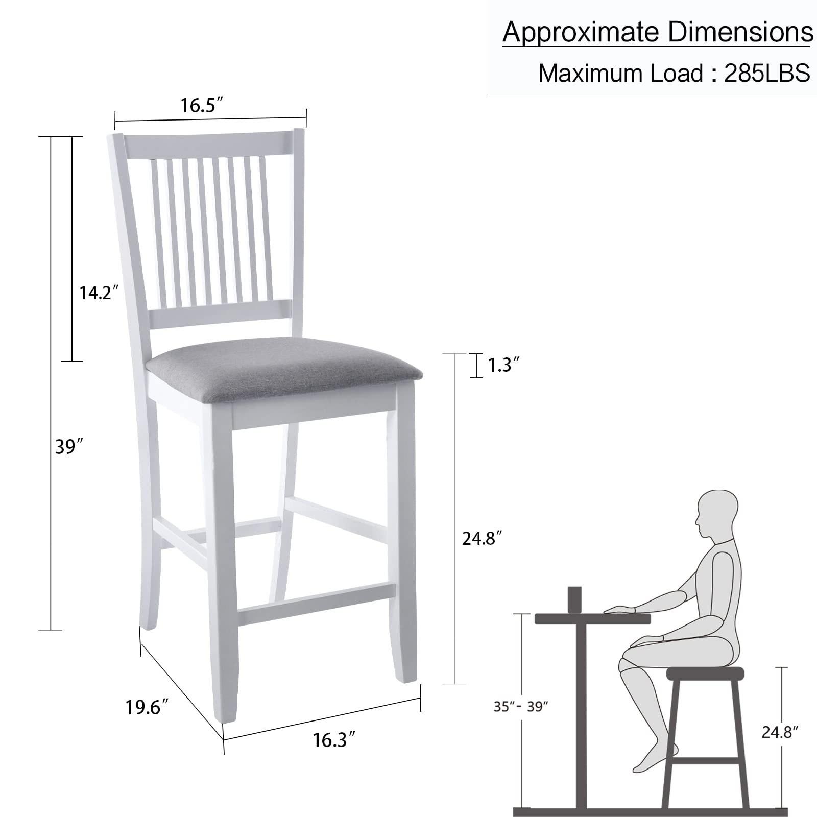 DUHOME Wood Bar Stools Set of 2, Counter Height Chairs Upholstered Barstool with Backrest Farmhouse Counter Stools for Kitchen Islands, White